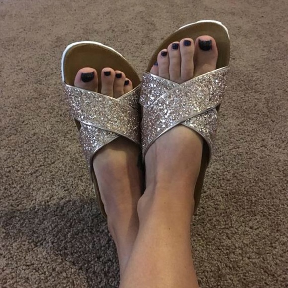 Boutique | Shoes | Rose Gold Glitter Cork Platform Slides Sandals ...